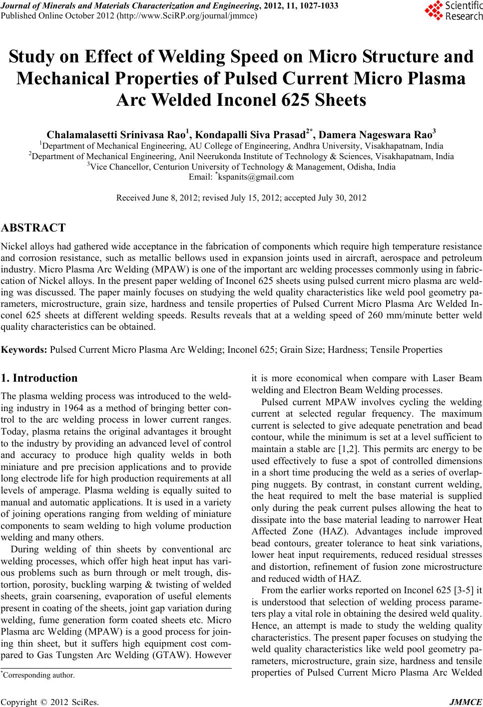 Study on Effect of Welding Speed on Micro Structure and Mechanical Properties of Pulsed Current ...