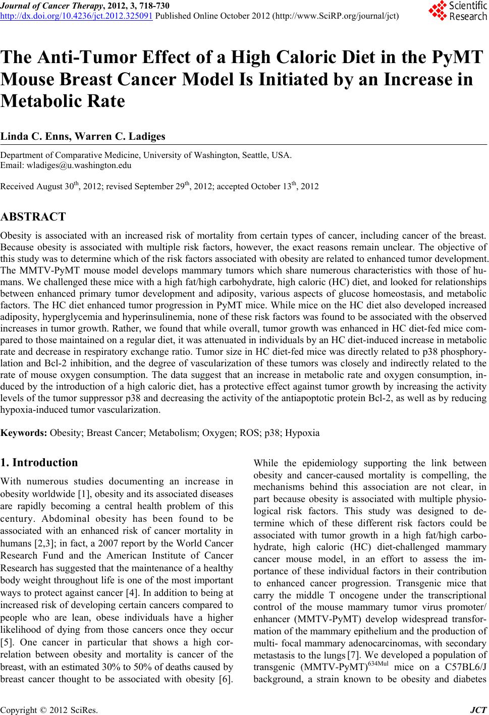 The Anti-Tumor Effect of a High Caloric Diet in the PyMT Mouse Breast ...