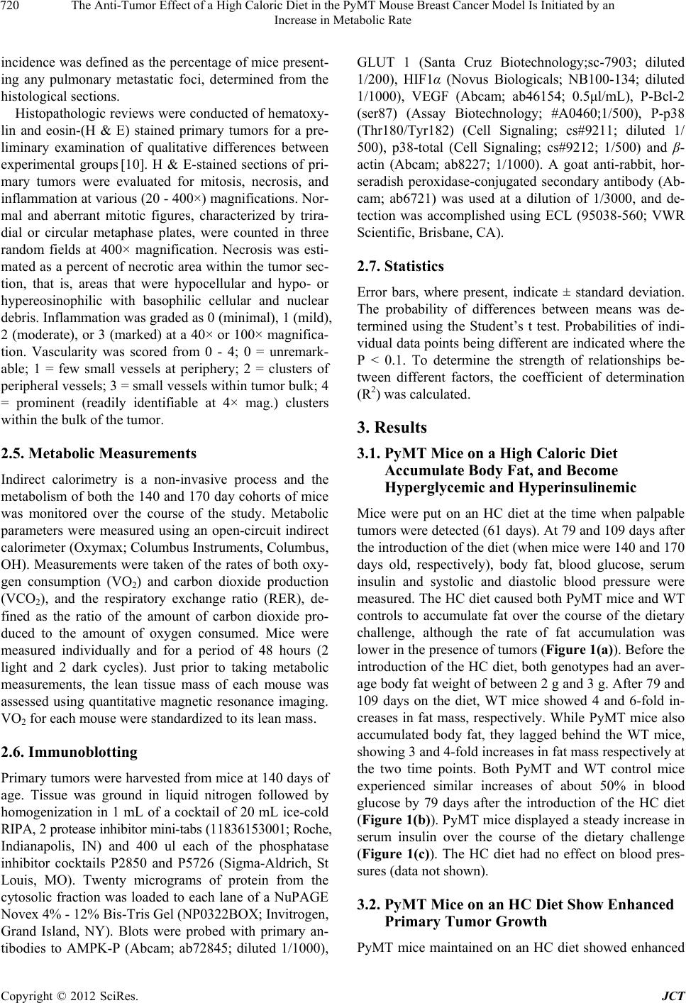 The Anti-Tumor Effect of a High Caloric Diet in the PyMT Mouse Breast ...