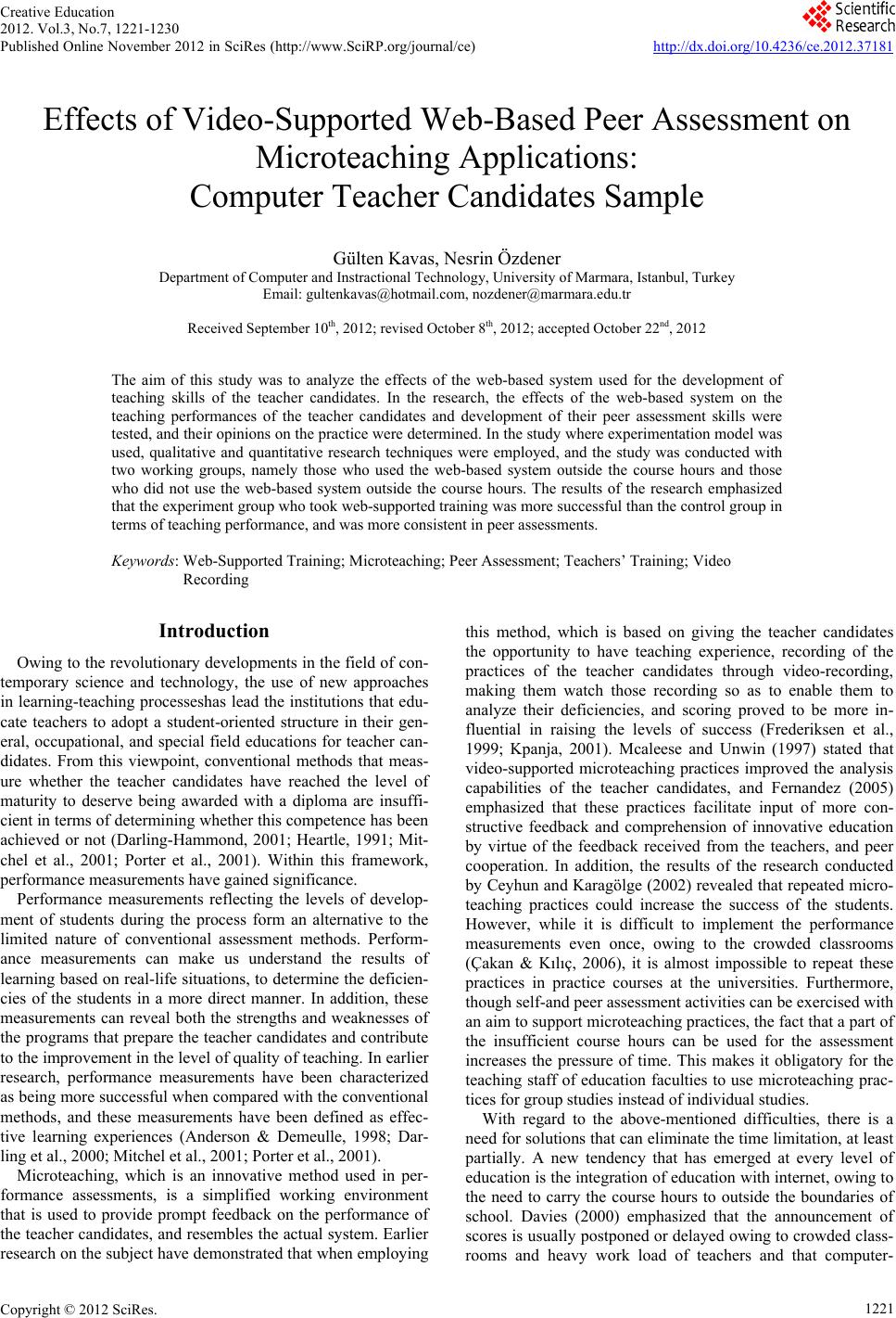 Effects of Video-Supported Web-Based Peer Assessment on Microteaching Applications: Computer ...