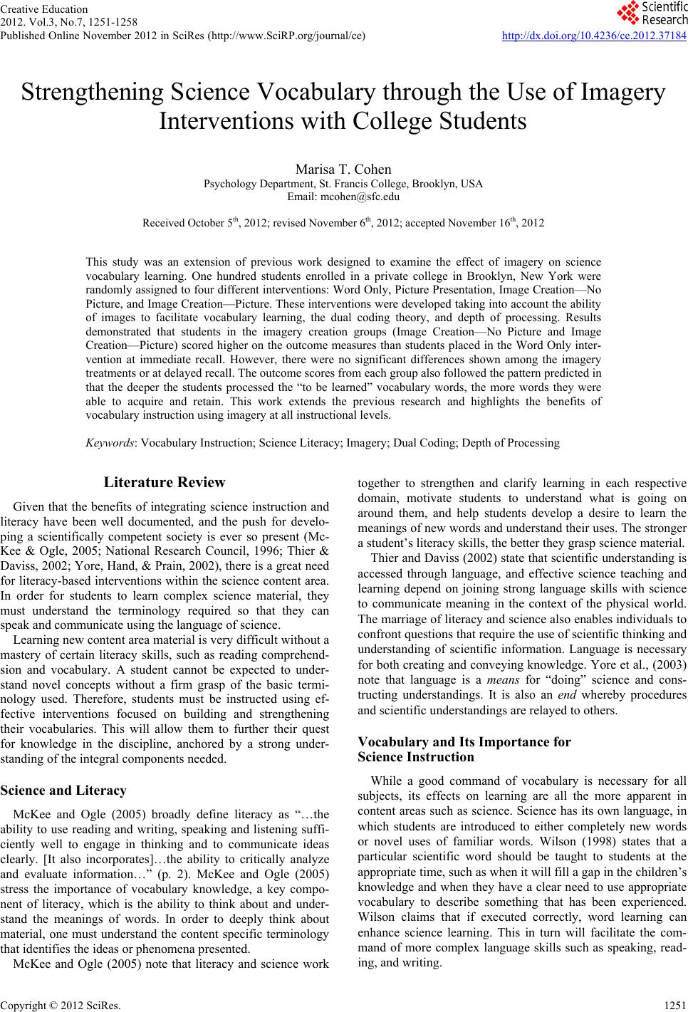 Strengthening Science Vocabulary through the Use of Imagery ...