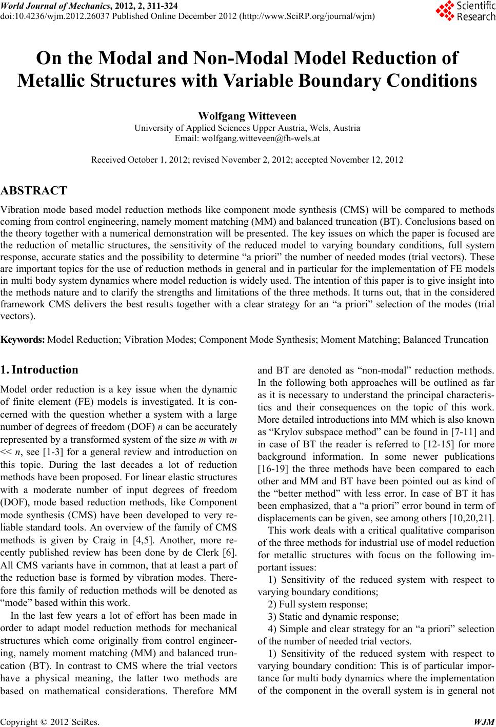On the Modal and Non-Modal Model Reduction of Metallic Structures with ...