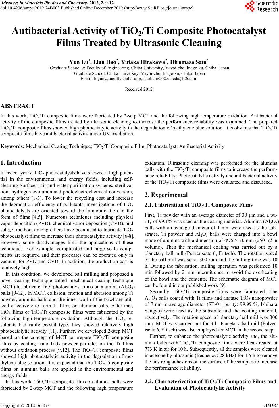 Antibacterial Activity of TiO 2 /Ti Composite Photocatalyst Films ...