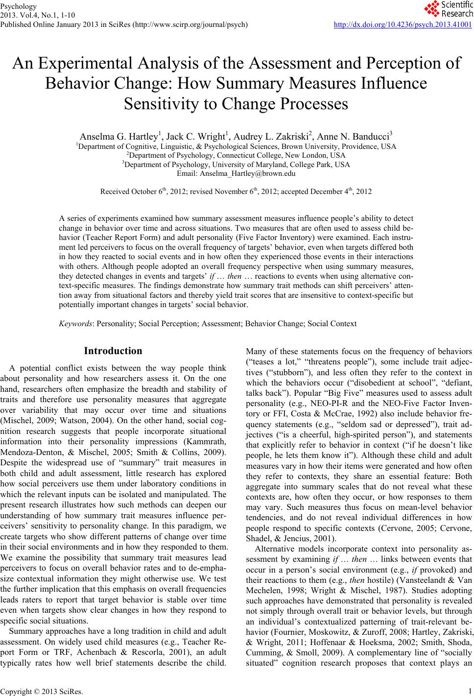 An Experimental Analysis of the Assessment and Perception of Behavior ...