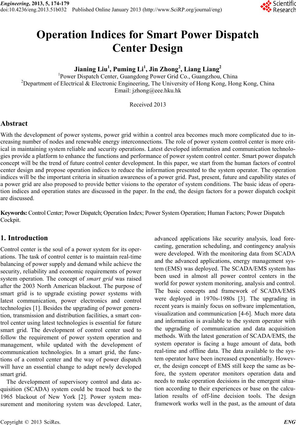 Operation Indices for Smart Power Dispatch Center Design