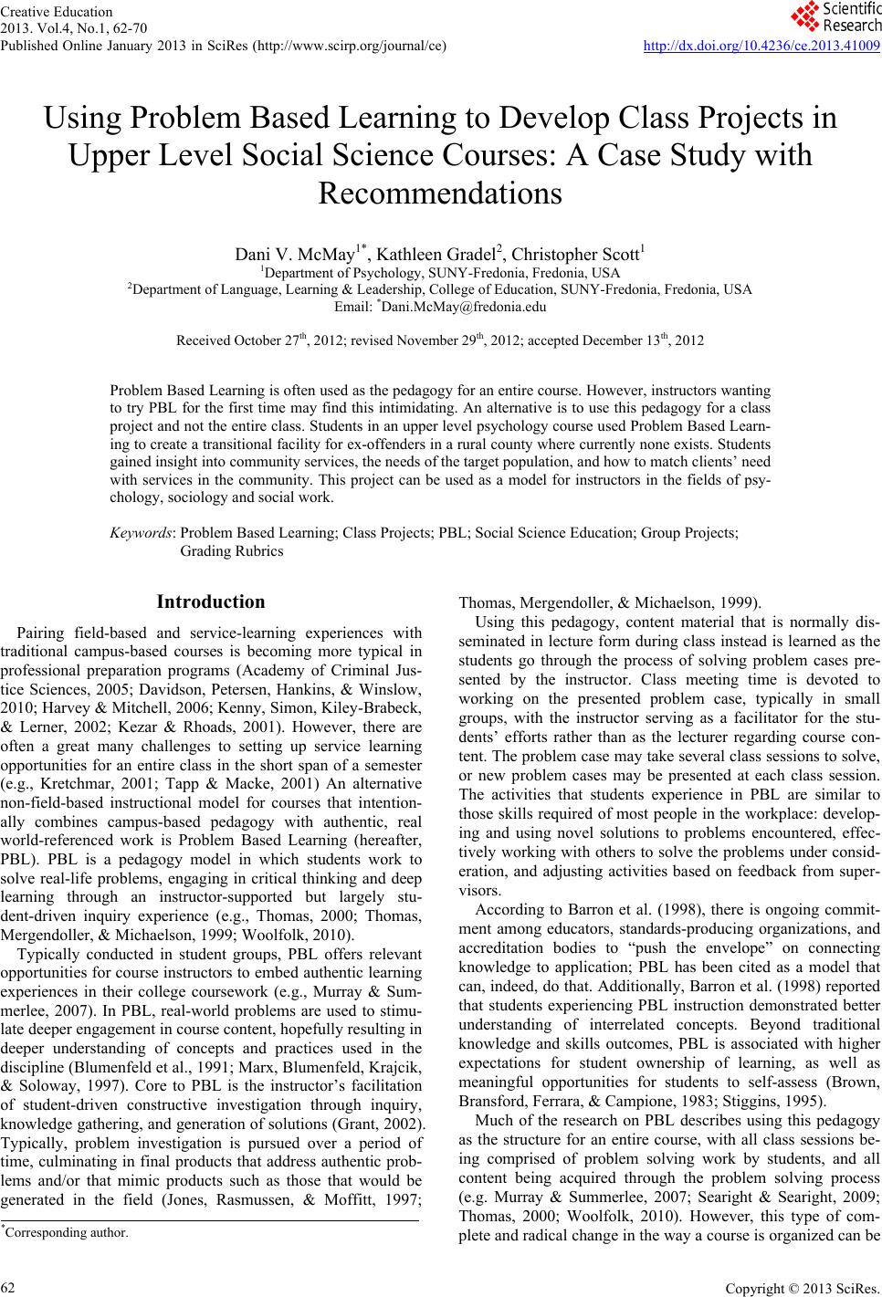 Using Problem Based Learning to Develop Class Projects in Upper Level ...