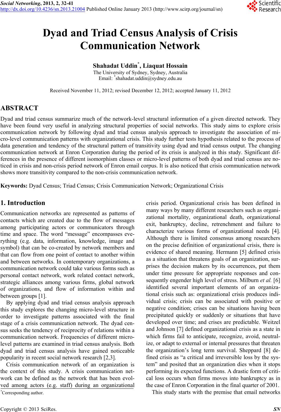 Dyad and Triad Census Analysis of Crisis Communication Network