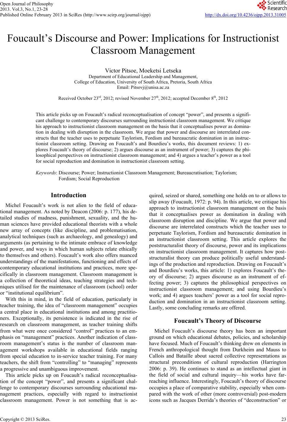 Foucault’s Discourse and Power: Implications for Instructionist ...