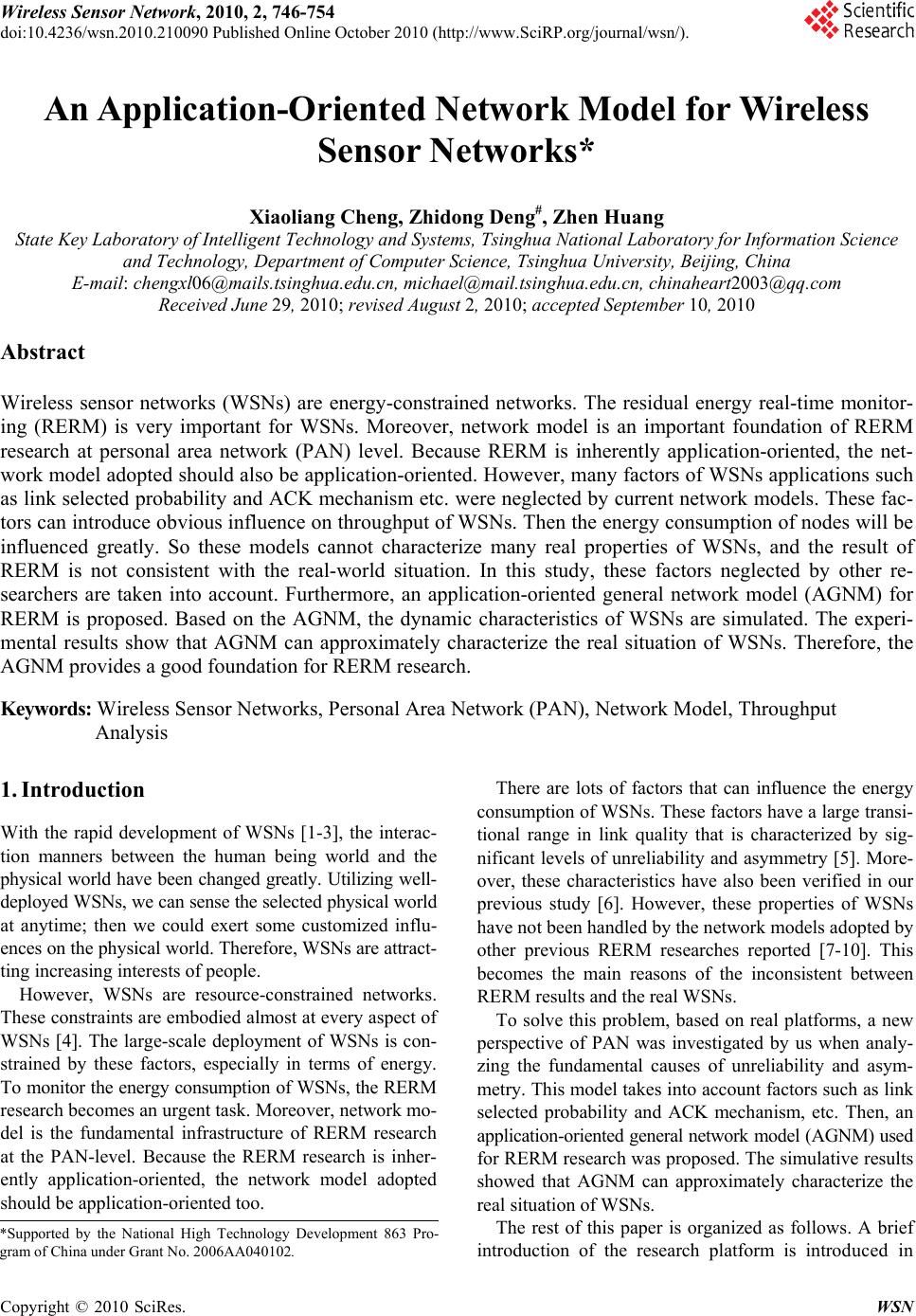 An Application Oriented Network Model For Wireless Sensor Networks