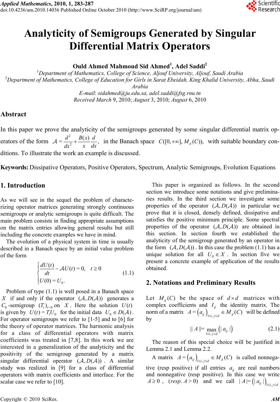 Analyticity Of Semigroups Generated By Singular Differential Matrix Operators
