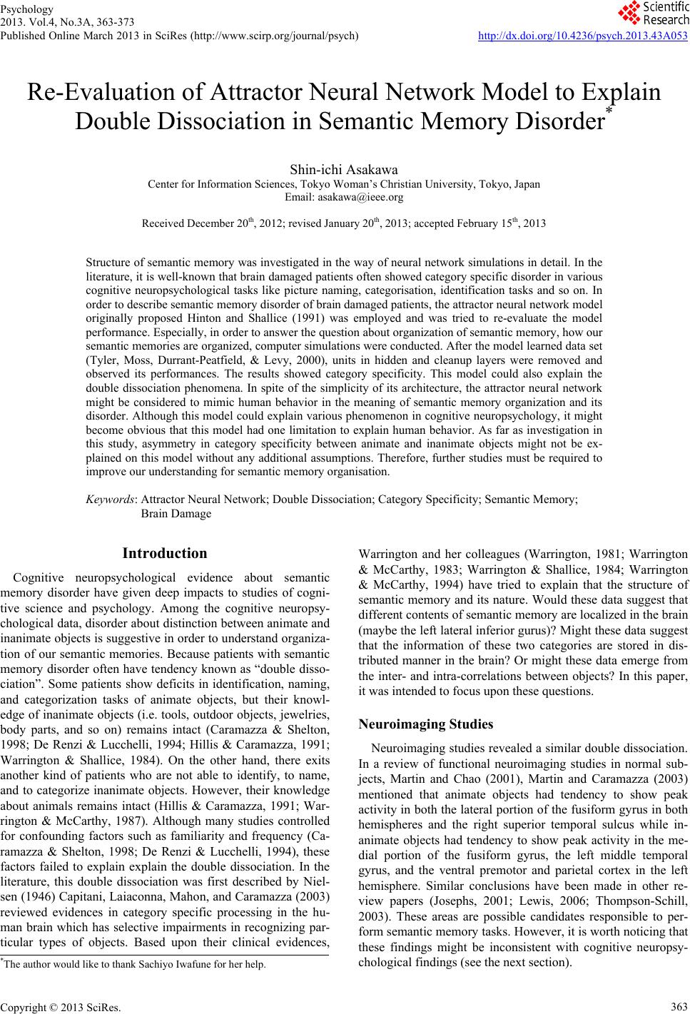 Re-Evaluation of Attractor Neural Network Model to Explain Double Dissociation in Semantic ...