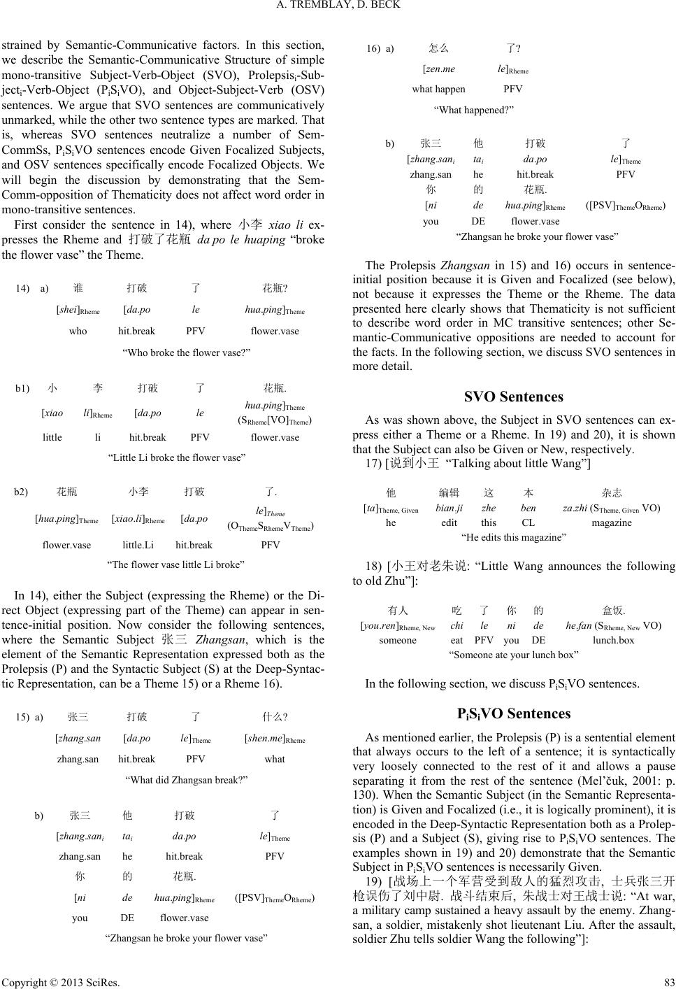 Semantic-Communicative Structure and Word Order in Mandarin Chinese