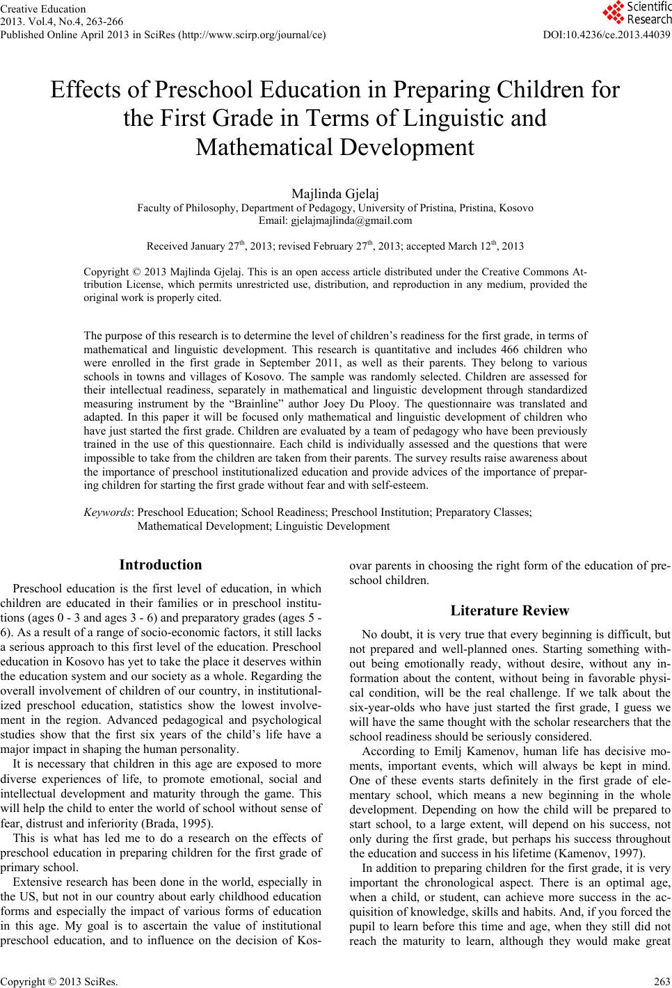 Effects of Preschool Education in Preparing Children for the First ...