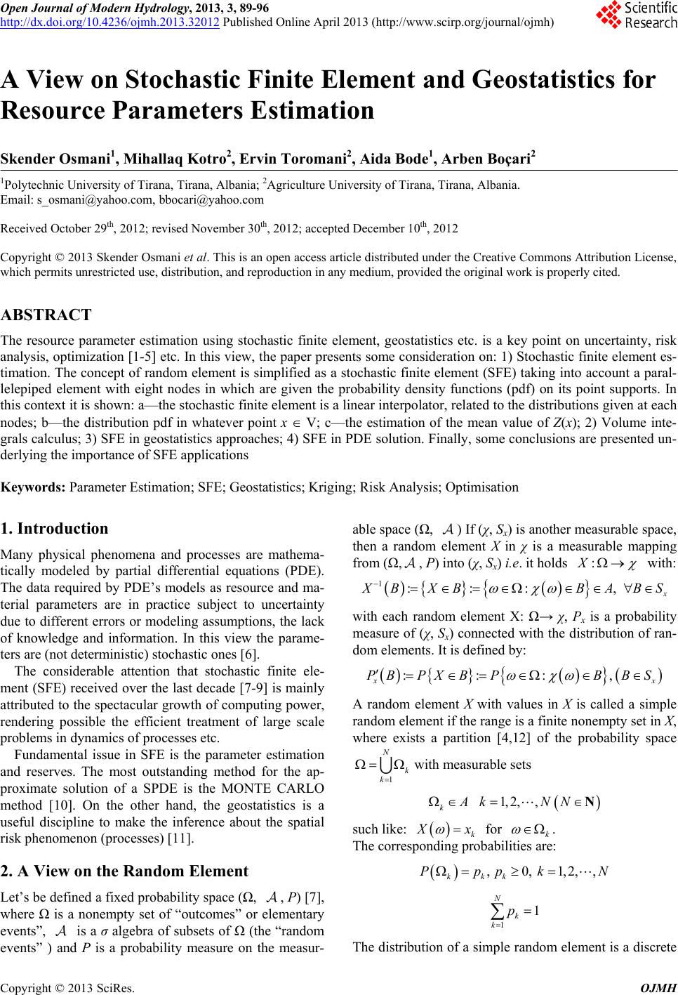 A View On Stochastic Finite Element And Geostatistics For Resource Parameters Estimation