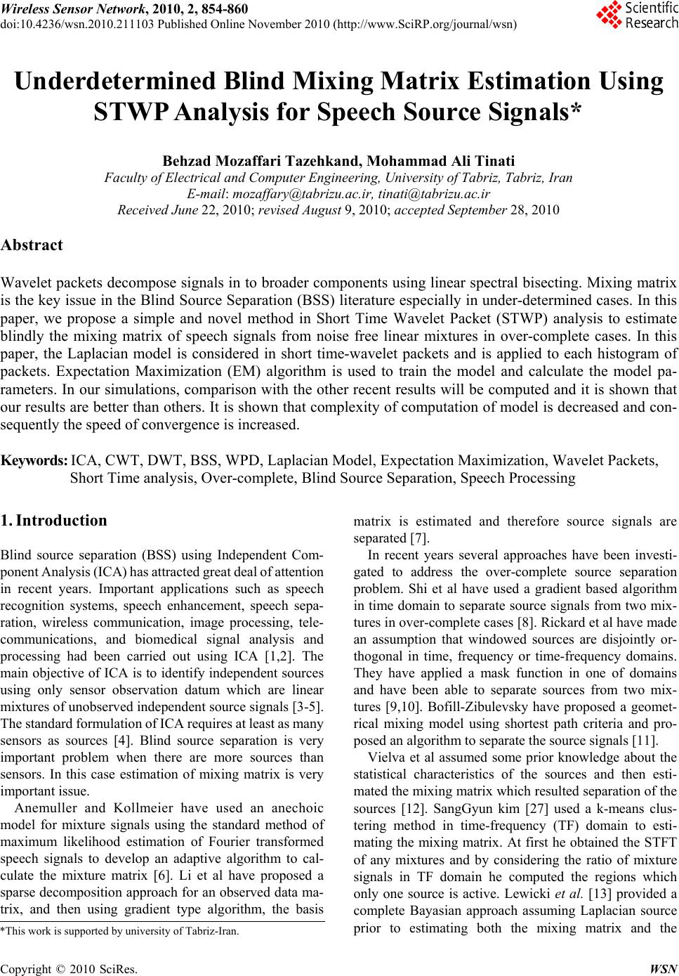 Underdetermined Blind Mixing Matrix Estimation Using Stwp Analysis For 5913