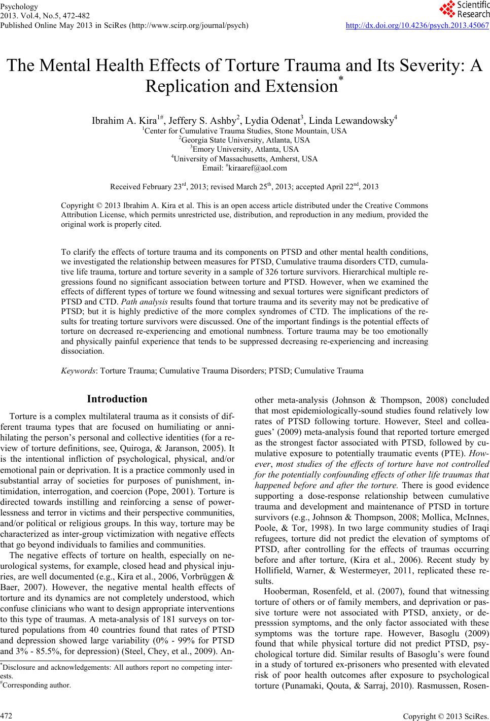 The Mental Health Effects of Torture Trauma and Its Severity: A ...