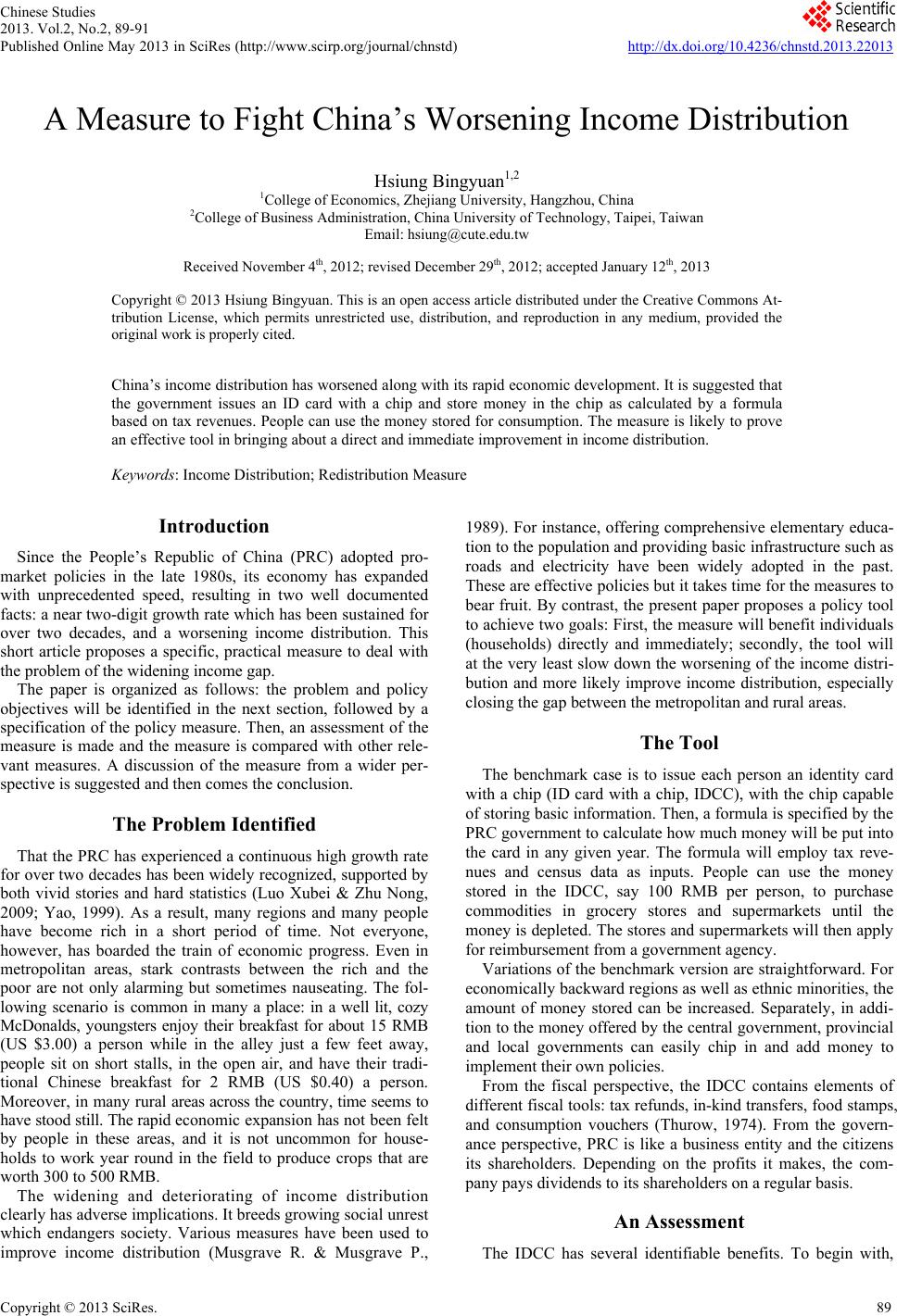 A Measure to Fight China’s Worsening Income Distribution