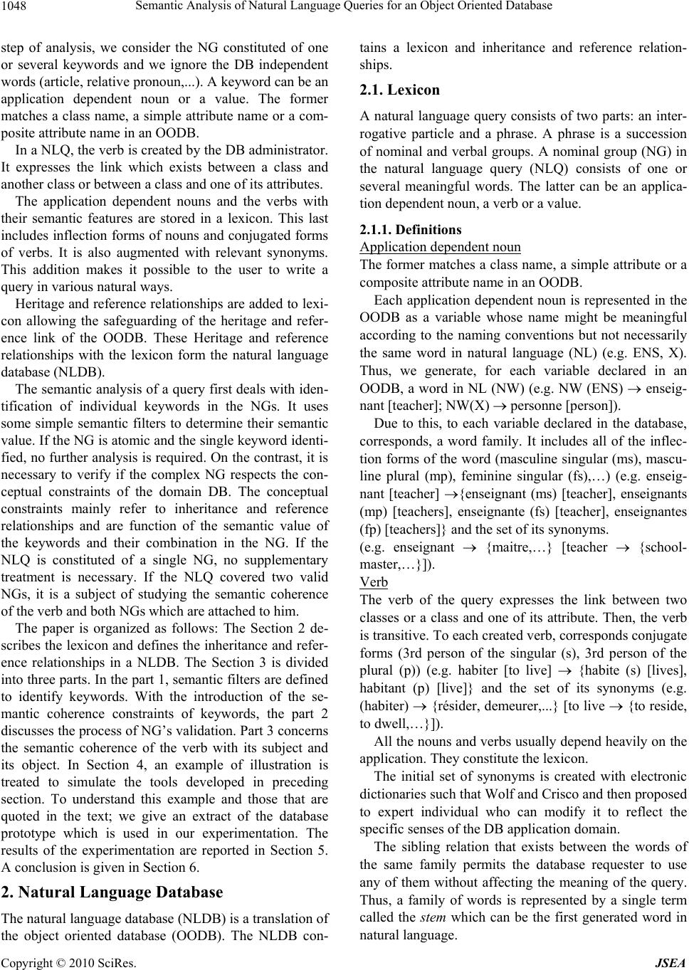 Semantic Analysis Of Natural Language Queries For An Object Oriented Database