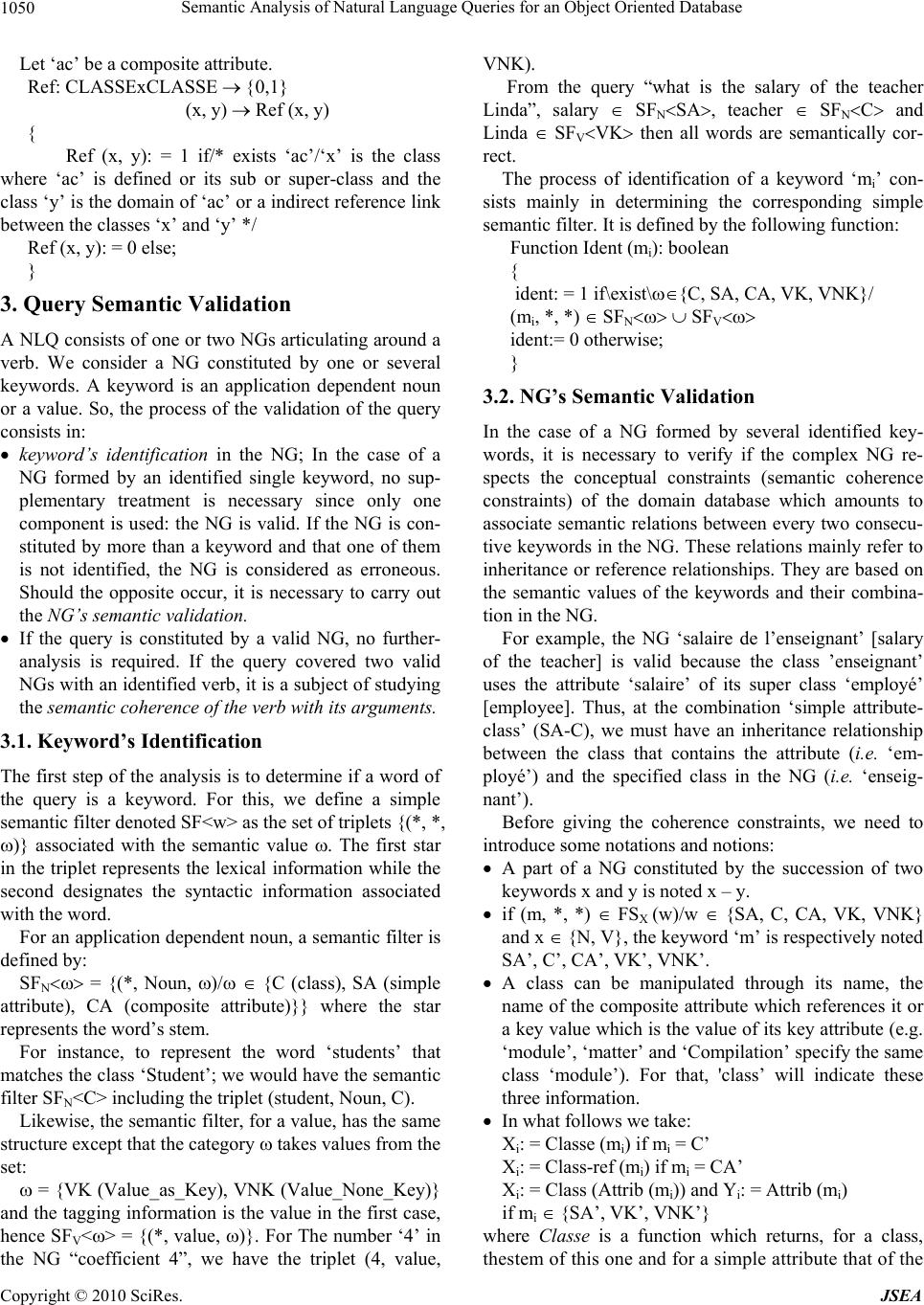 Semantic Analysis Of Natural Language Queries For An Object Oriented Database