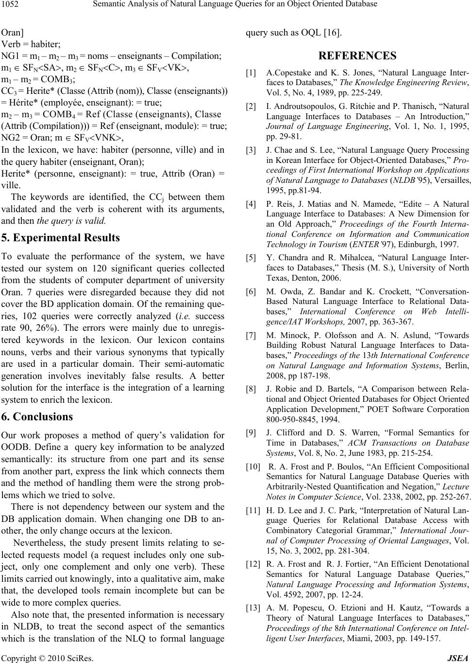 Semantic Analysis Of Natural Language Queries For An Object Oriented Database