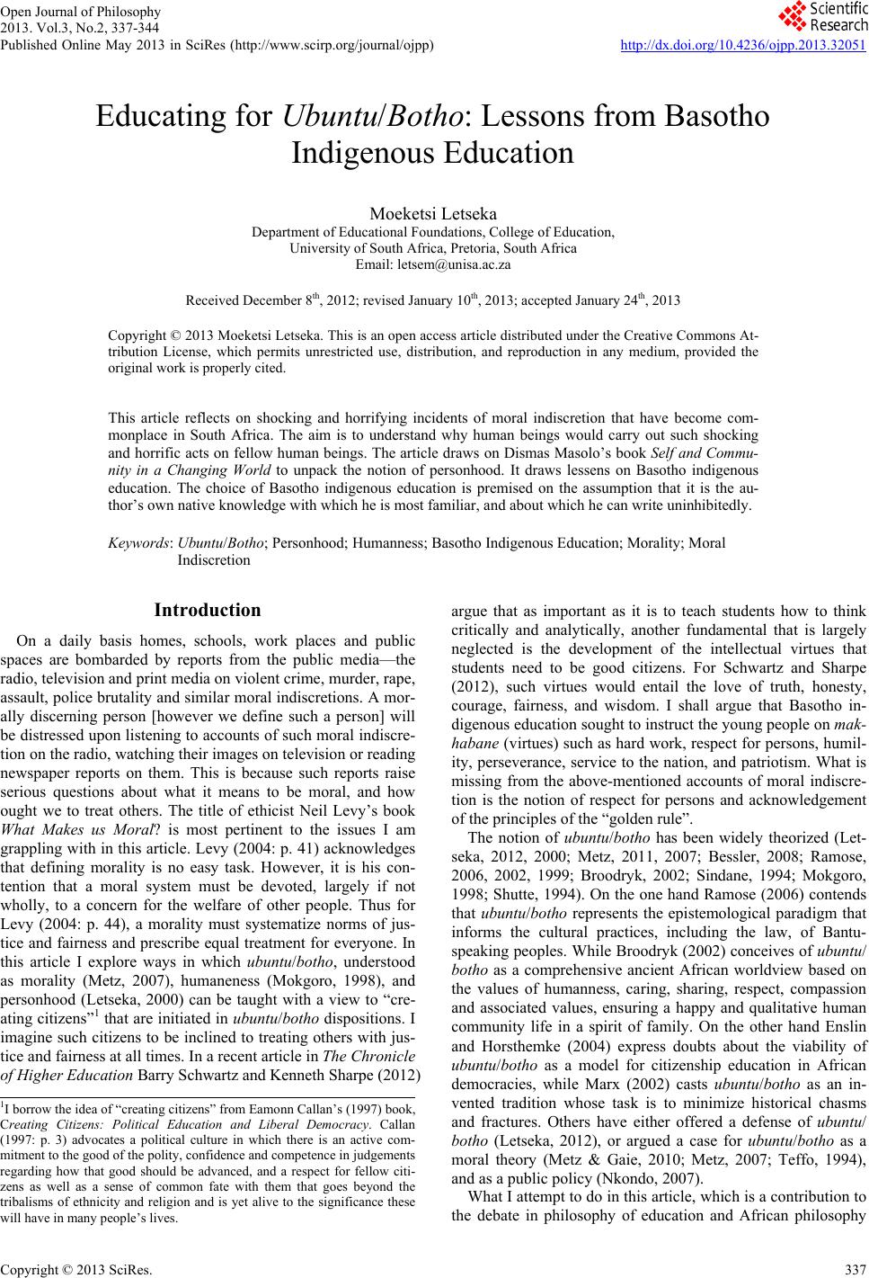 Educating for Ubuntu/Botho : Lessons from Basotho Indigenous Education