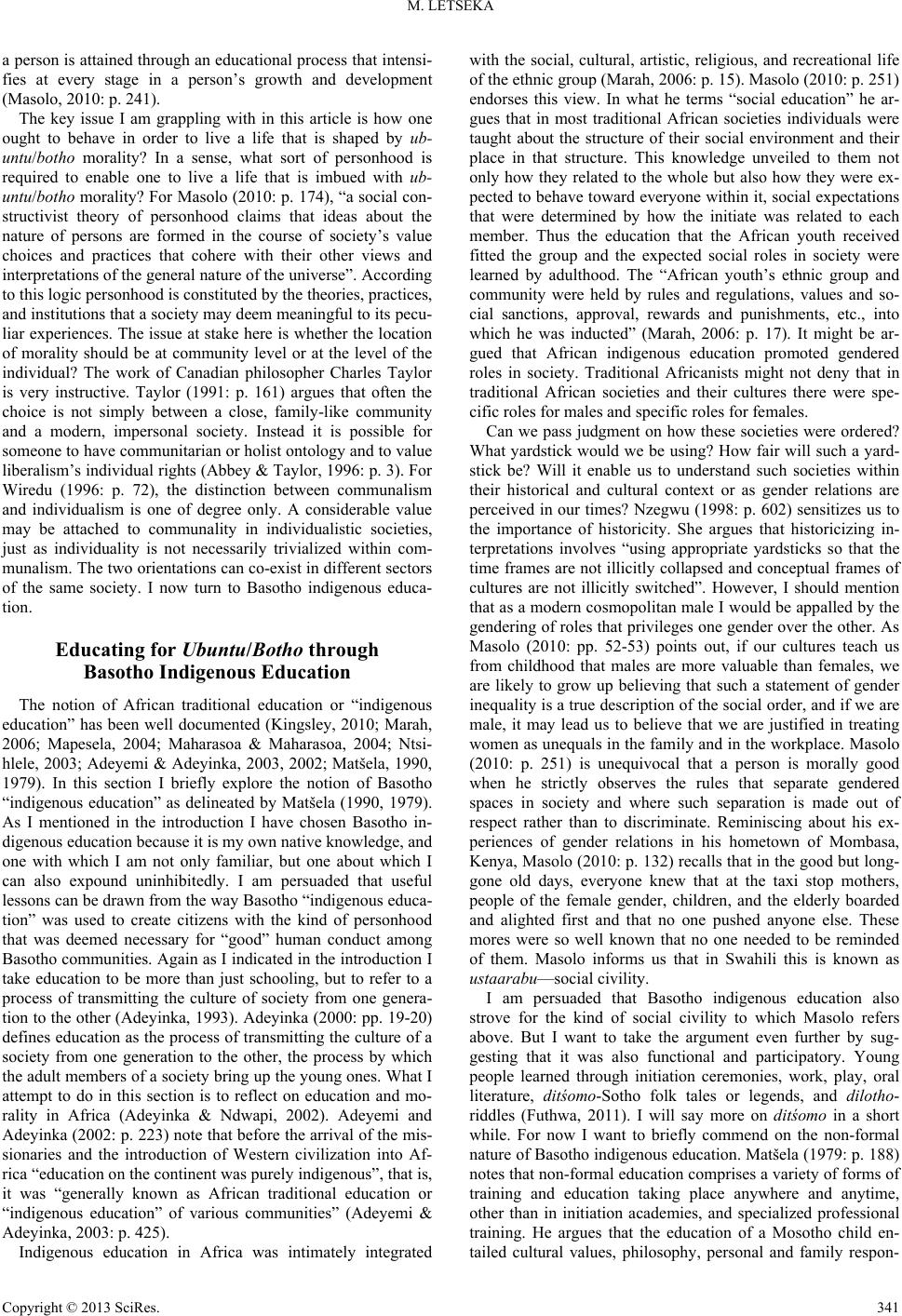 Educating for Ubuntu/Botho : Lessons from Basotho Indigenous Education