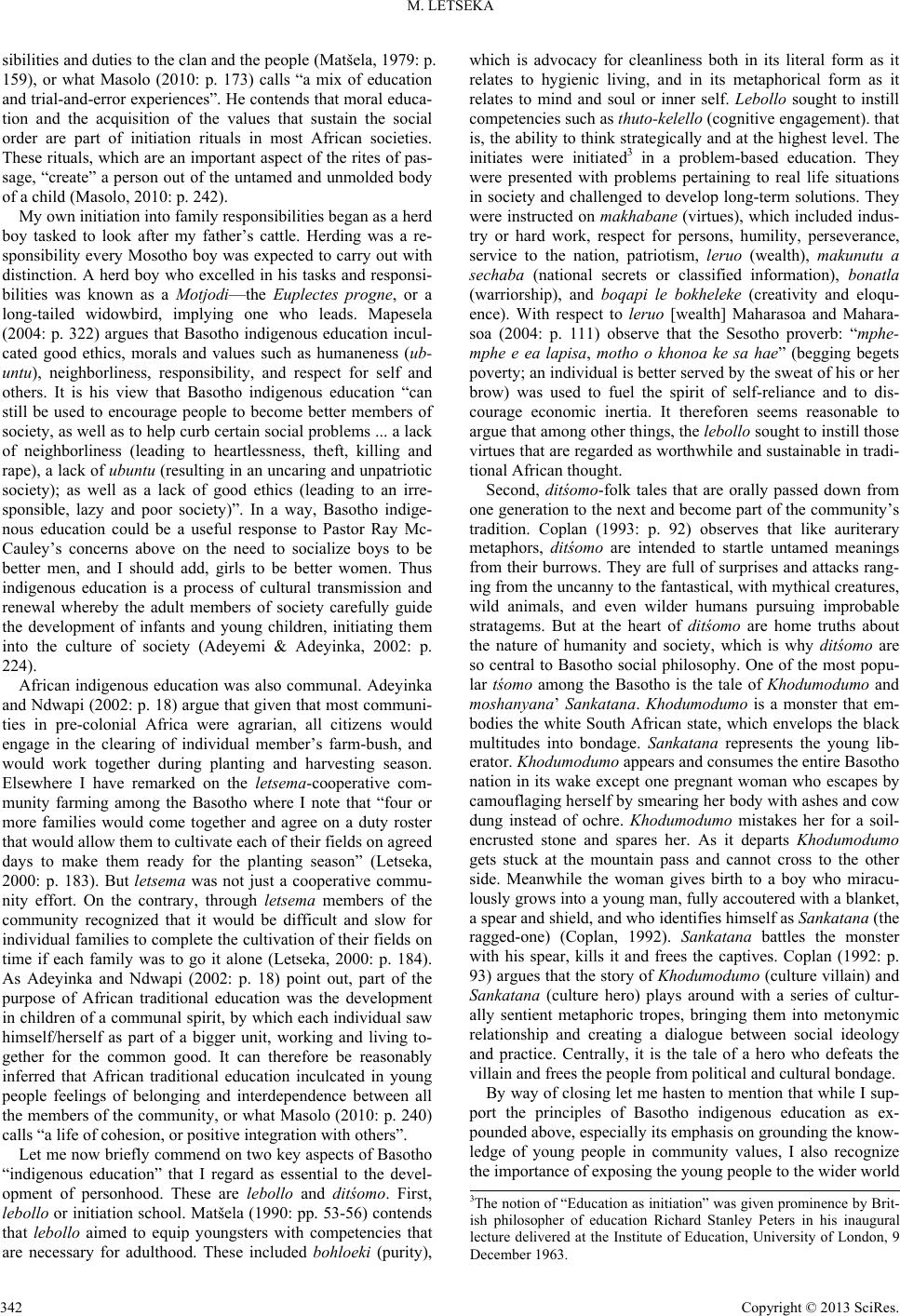 Educating for Ubuntu/Botho : Lessons from Basotho Indigenous Education