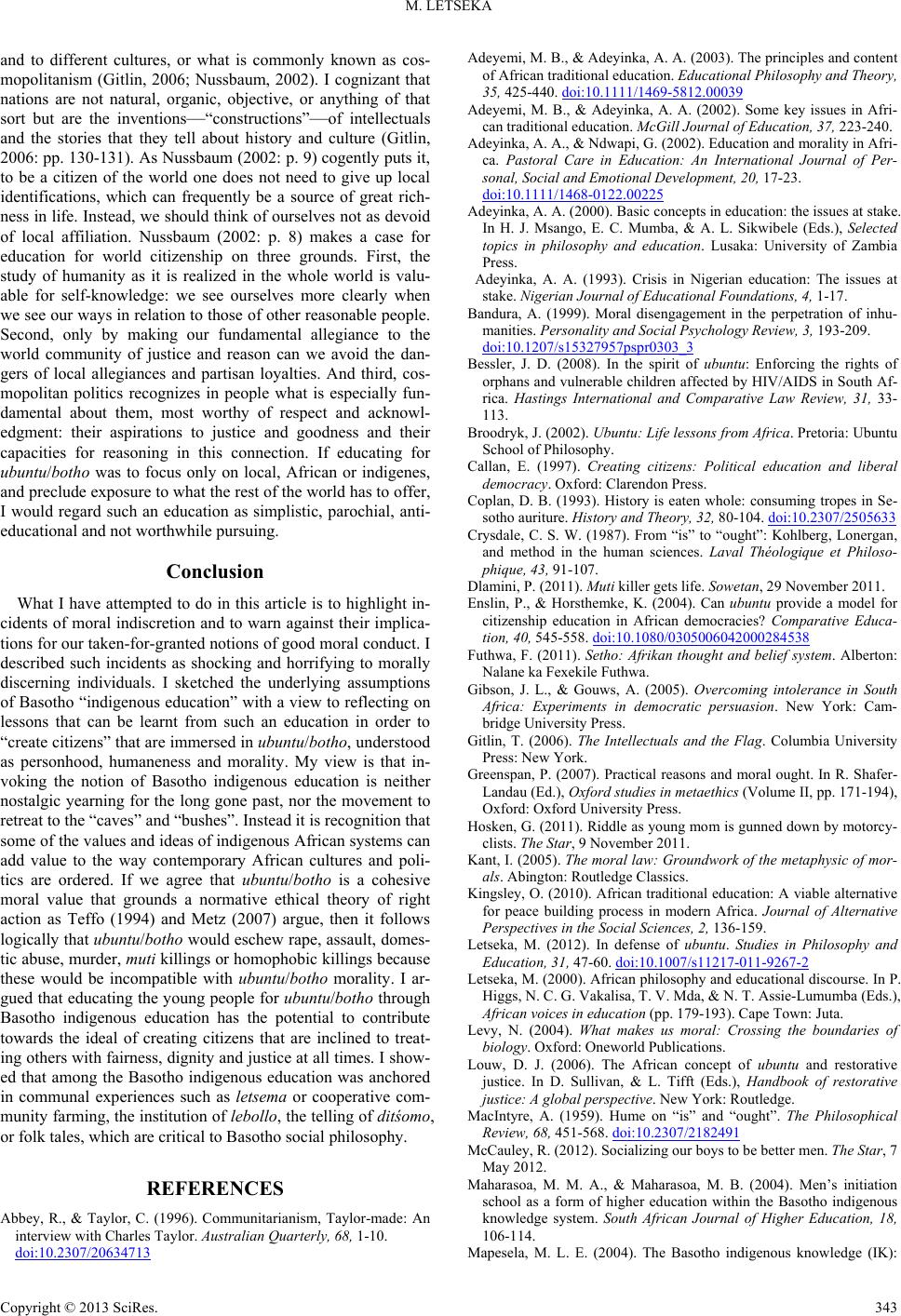 Educating for Ubuntu/Botho : Lessons from Basotho Indigenous Education