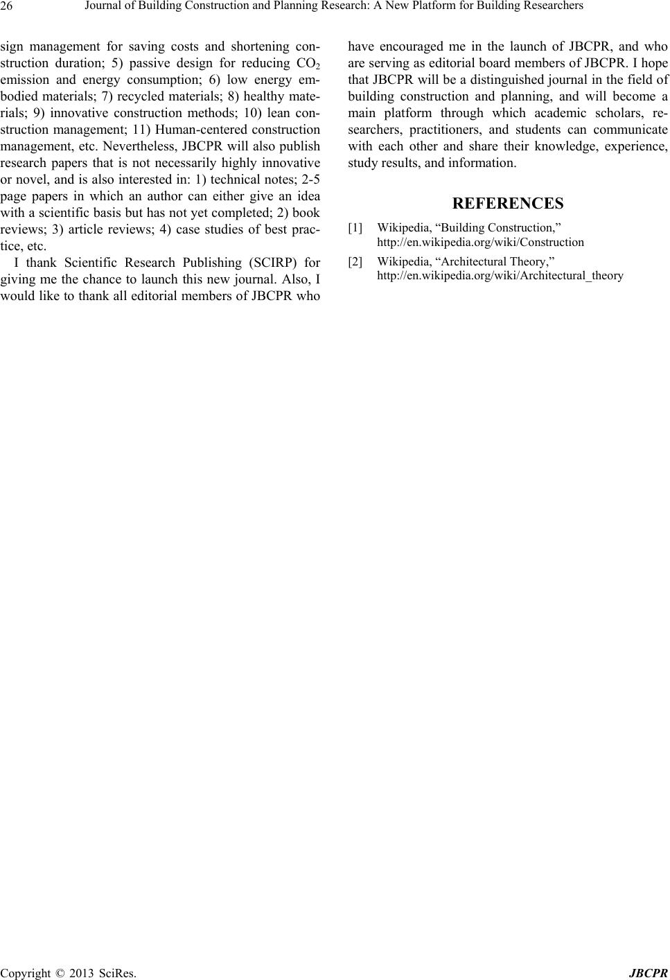 Journal of Building Construction and Planning Research: A New Platform ...