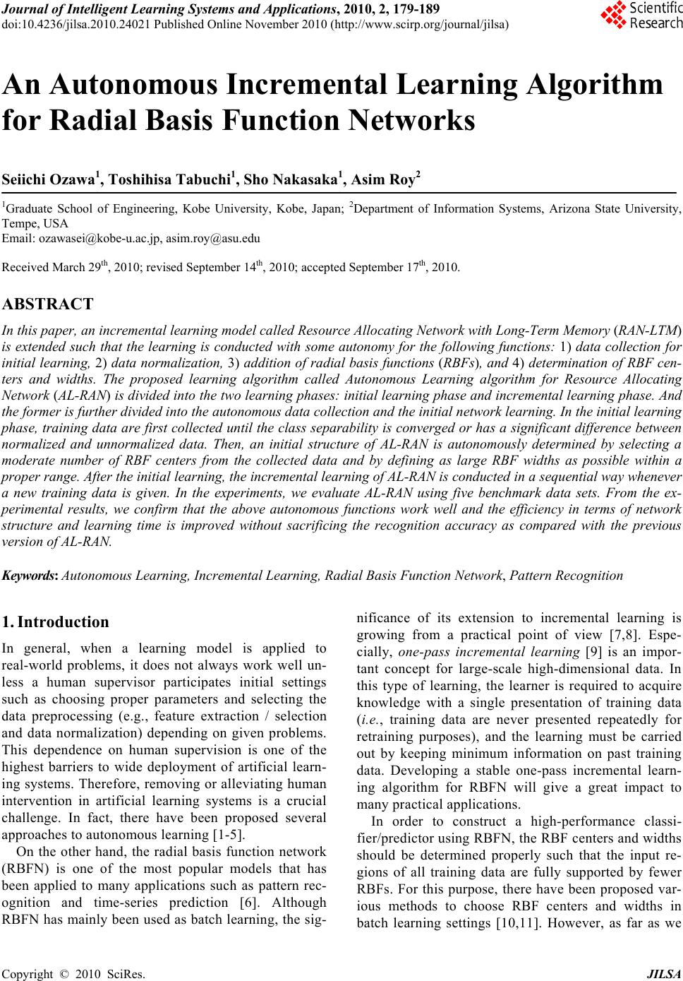 An Autonomous Incremental Learning Algorithm for Radial Basis Function Networks