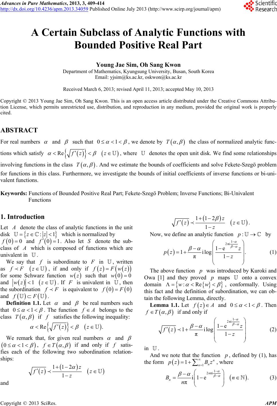 A Certain Subclass of Analytic Functions with Bounded Positive Real Part