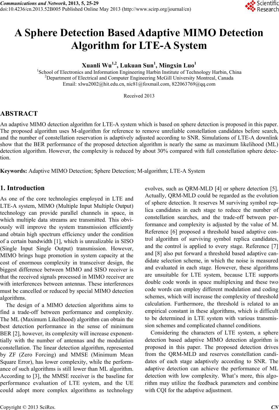 A Sphere Detection Based Adaptive Mimo Detection Algorithm For Lte A System