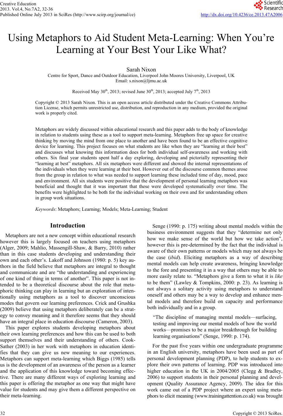 Using Metaphors to Aid Student Meta-Learning: When You’re Learning at ...