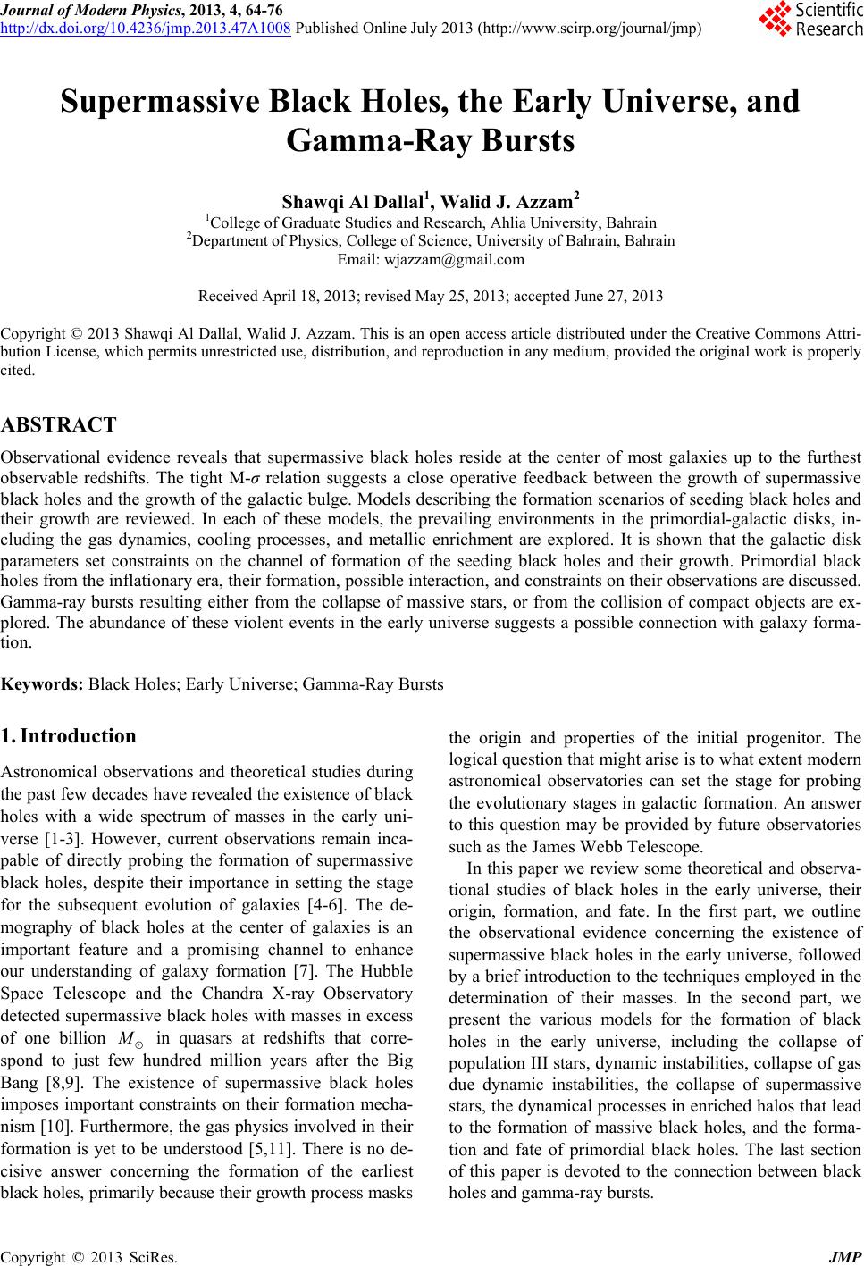 Supermassive Black Holes, the Early Universe, and Gamma-Ray Bursts