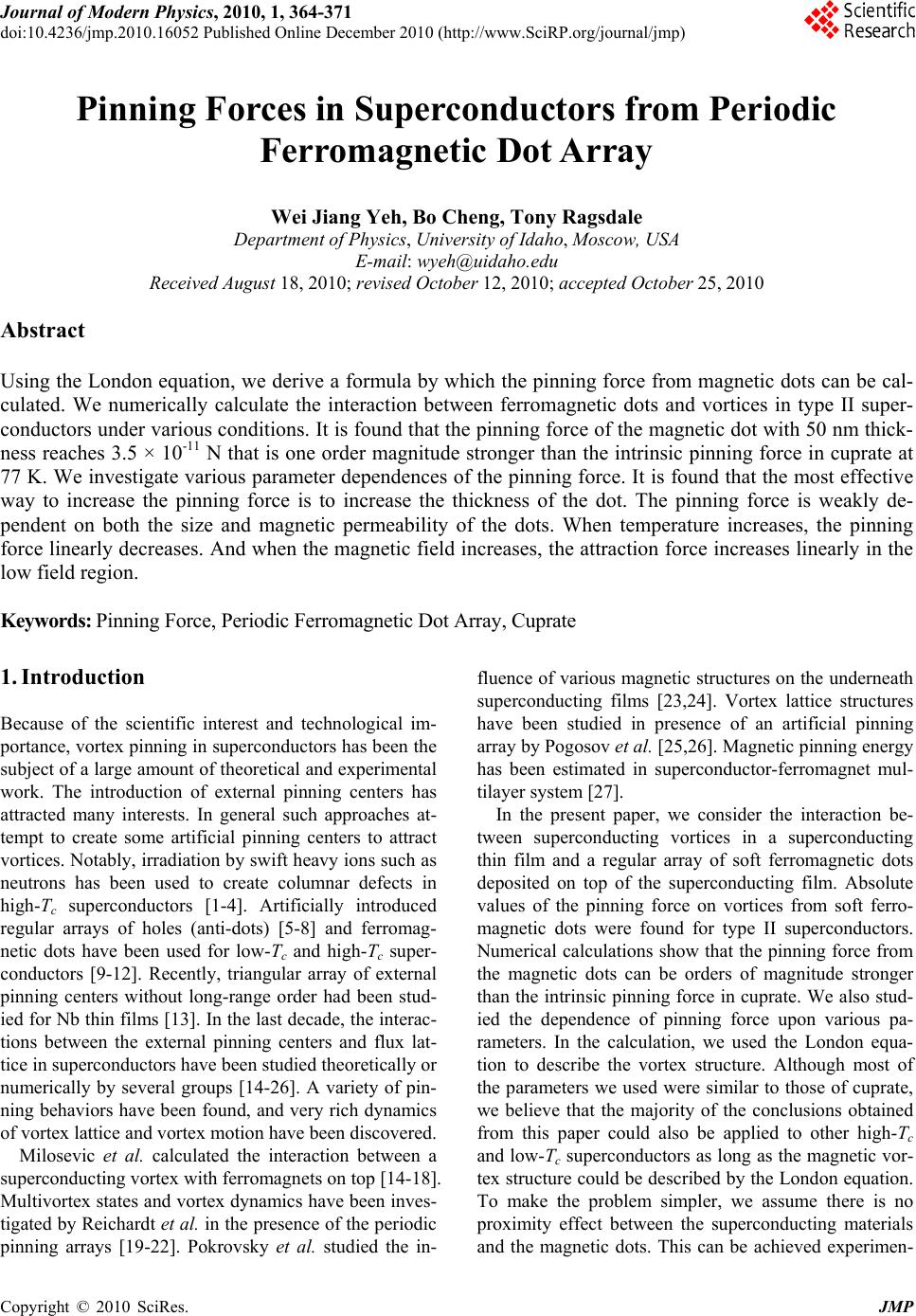 Pinning Forces in Superconductors from Periodic Ferromagnetic Dot Array