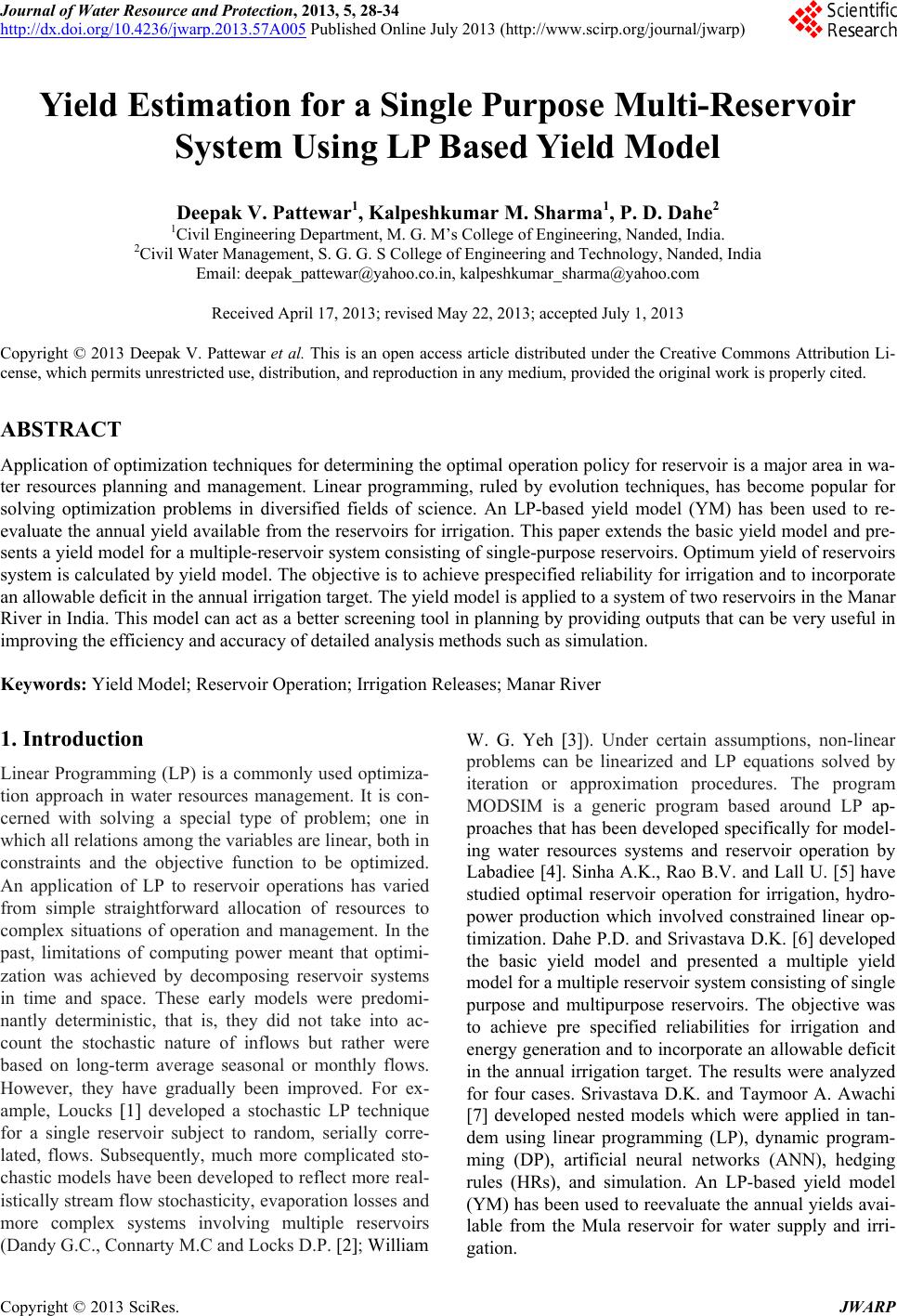 Yield Estimation for a Single Purpose Multi-Reservoir System Using LP Based Yield Model