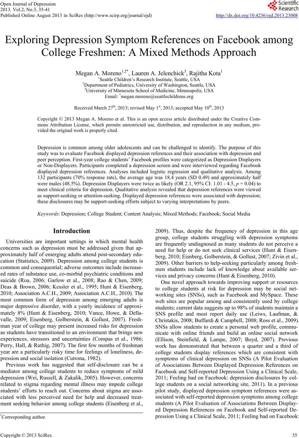 Exploring Depression Symptom References on Facebook among College ...