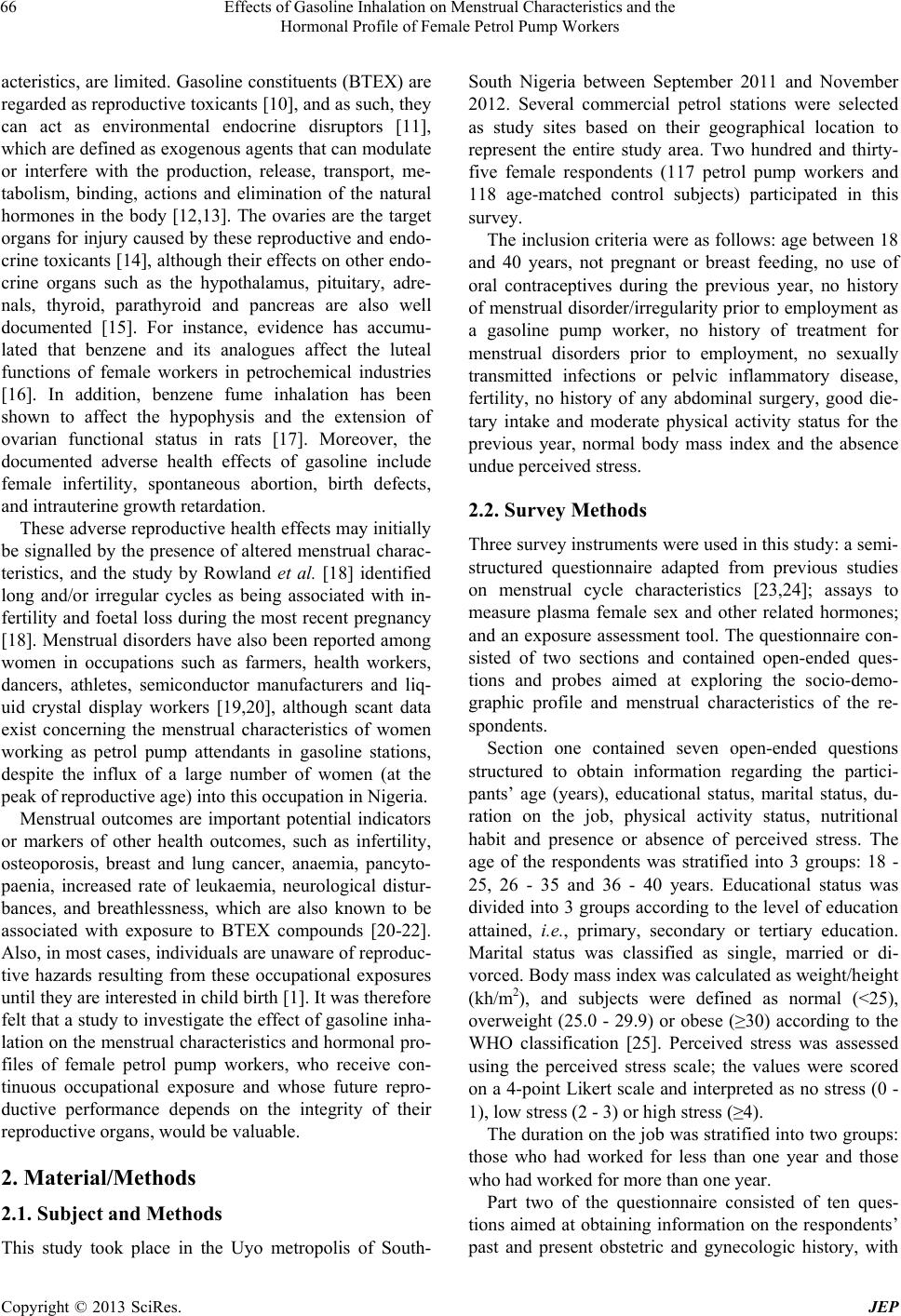 Effects of Gasoline Inhalation on Menstrual Characteristics and the ...