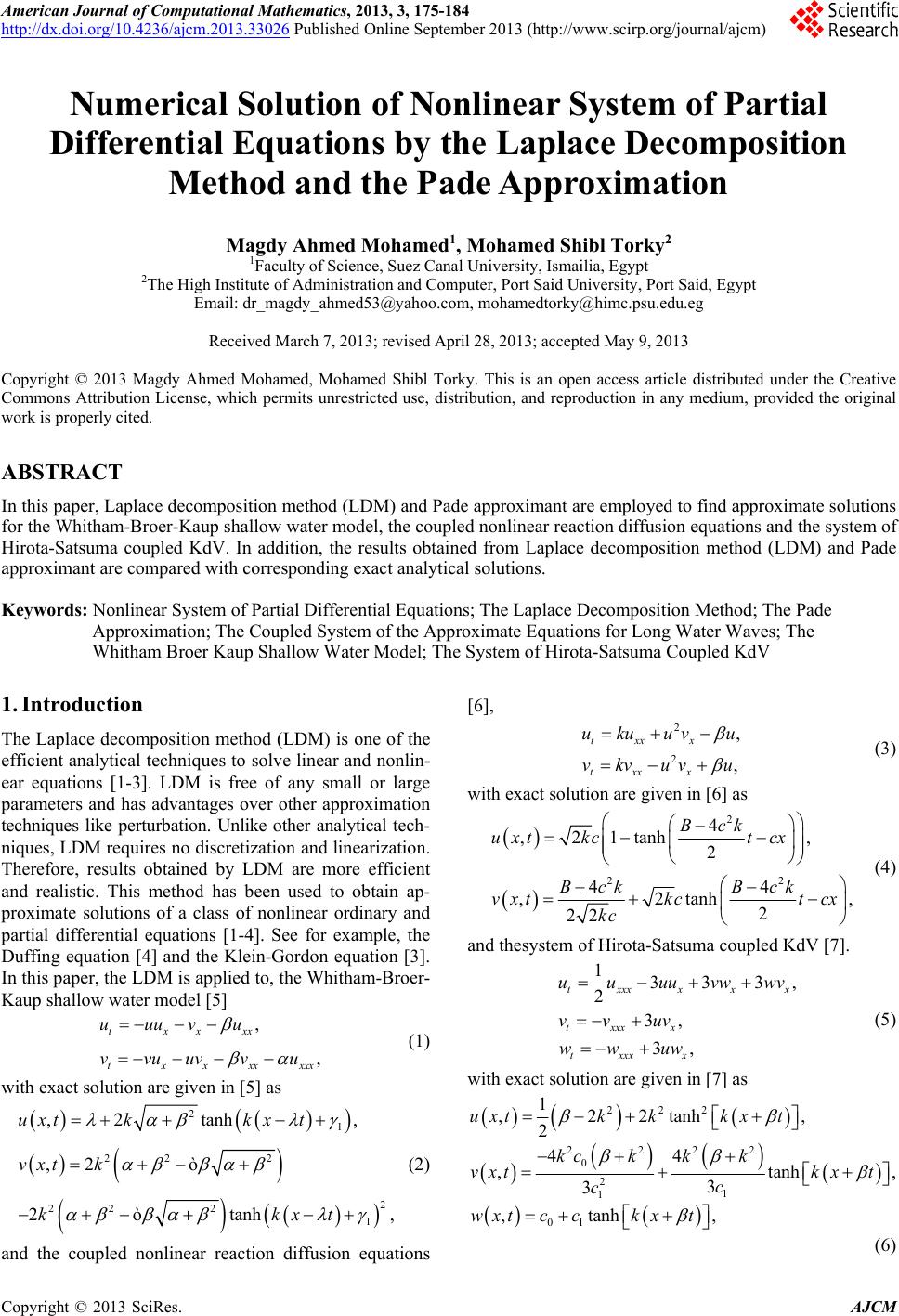 Numerical Solution Of Nonlinear System Of Partial Differential Equations By The Laplace