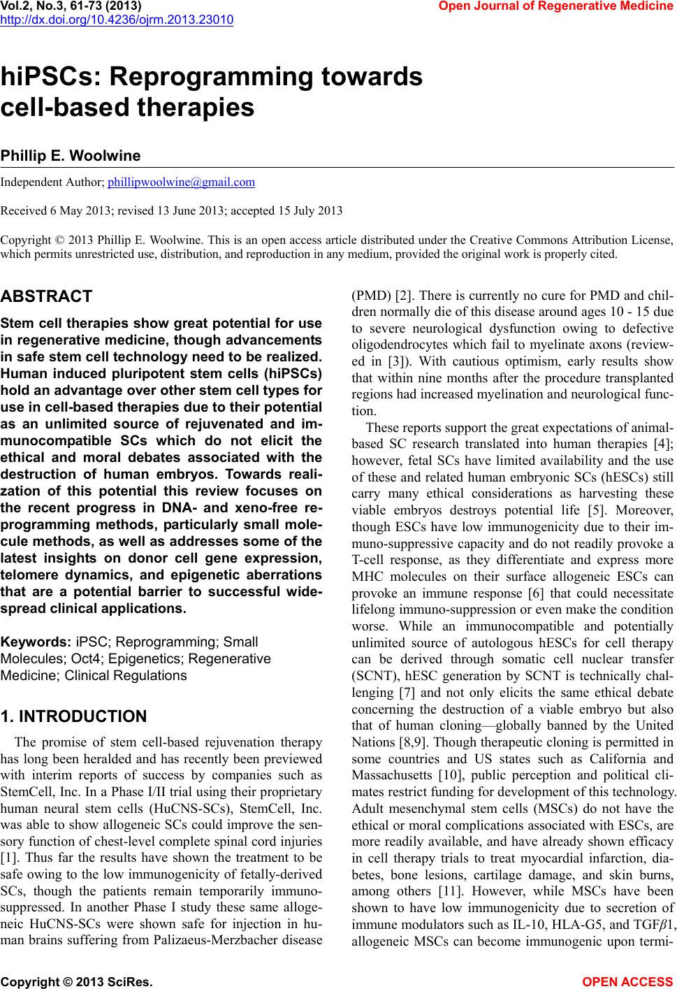 hiPSCs: Reprogramming towards cell-based therapies
