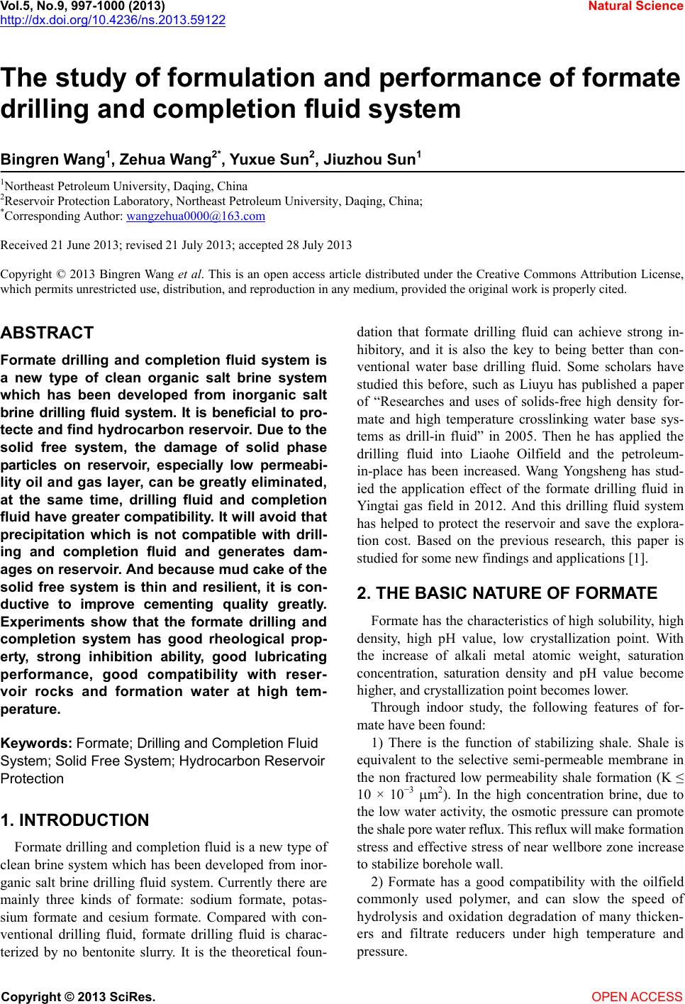 The study of formulation and performance of formate drilling and ...