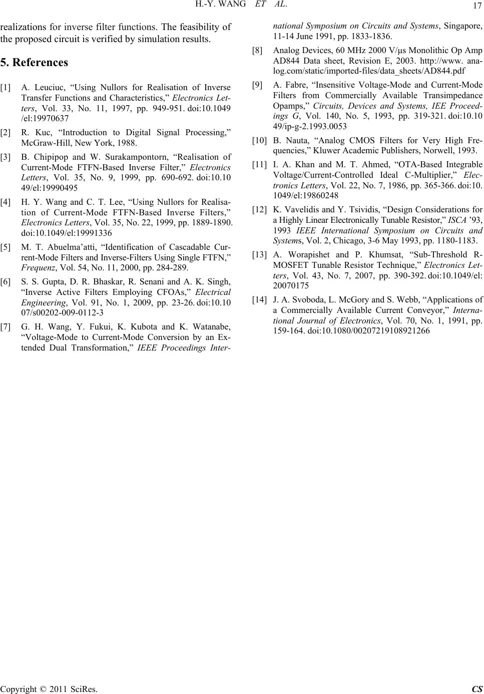 A Novel Multifunction CFOA Based Inverse Filter
