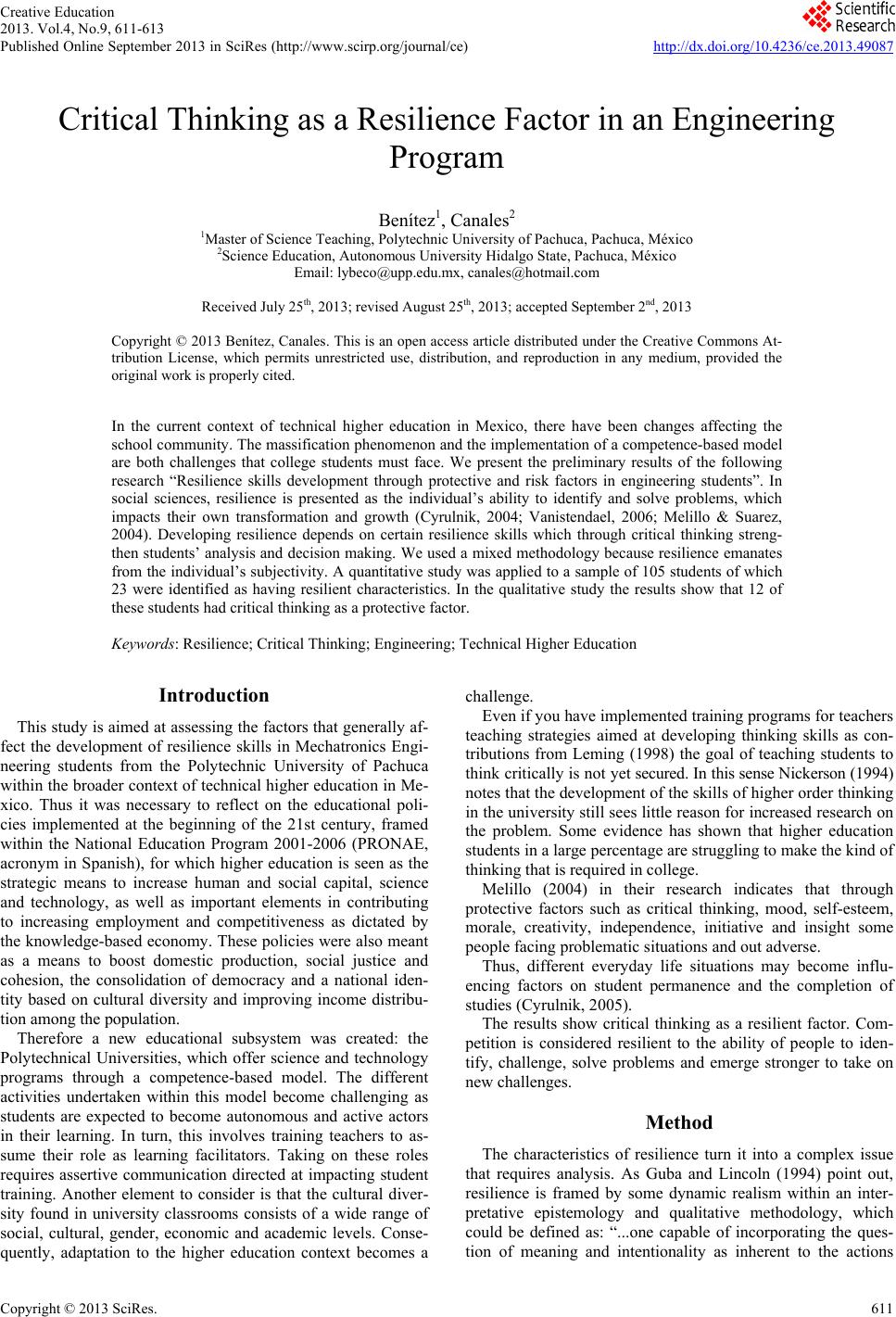 Critical Thinking as a Resilience Factor in an Engineering Program