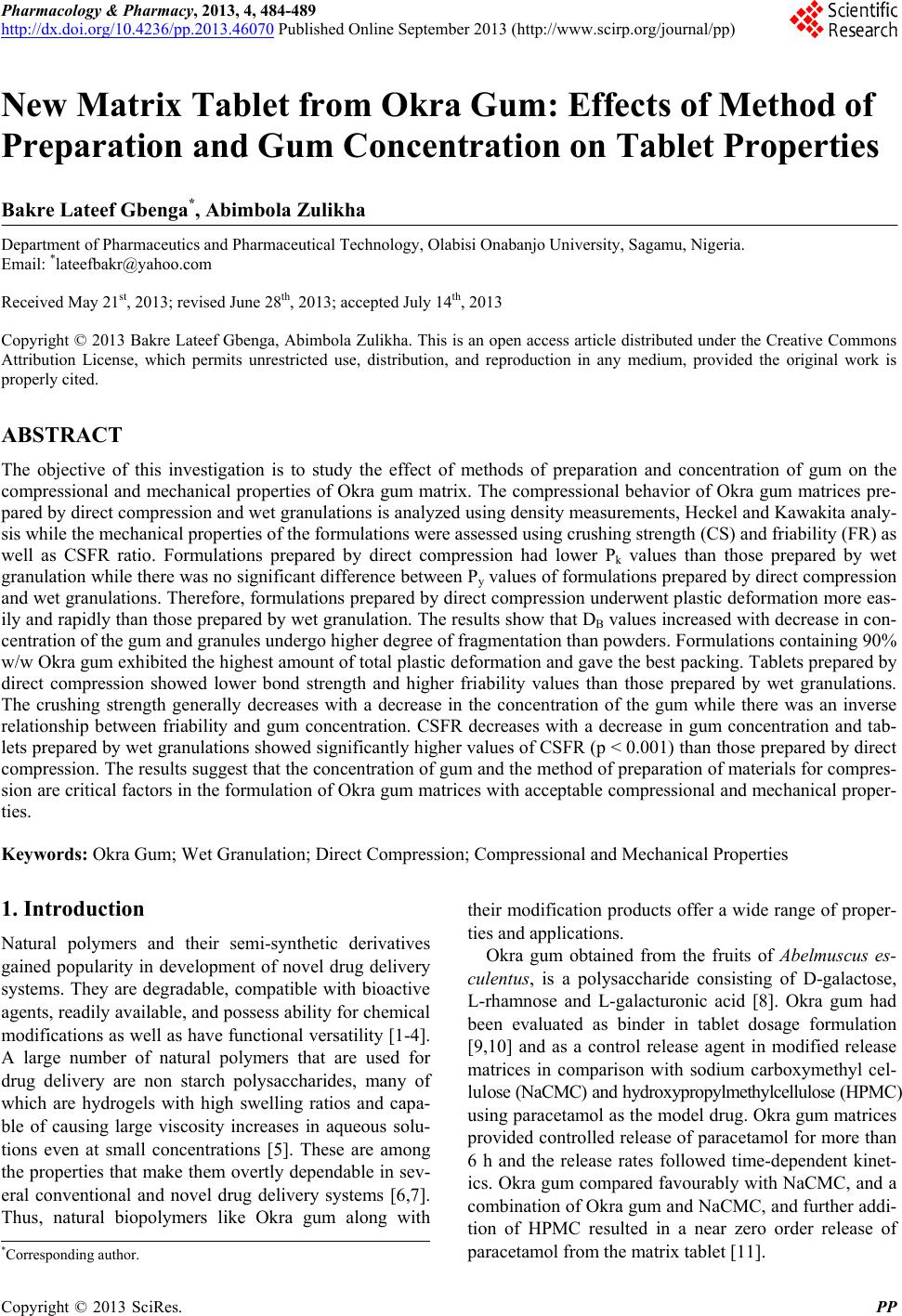 New Matrix Tablet from Okra Gum: Effects of Method of Preparation and ...
