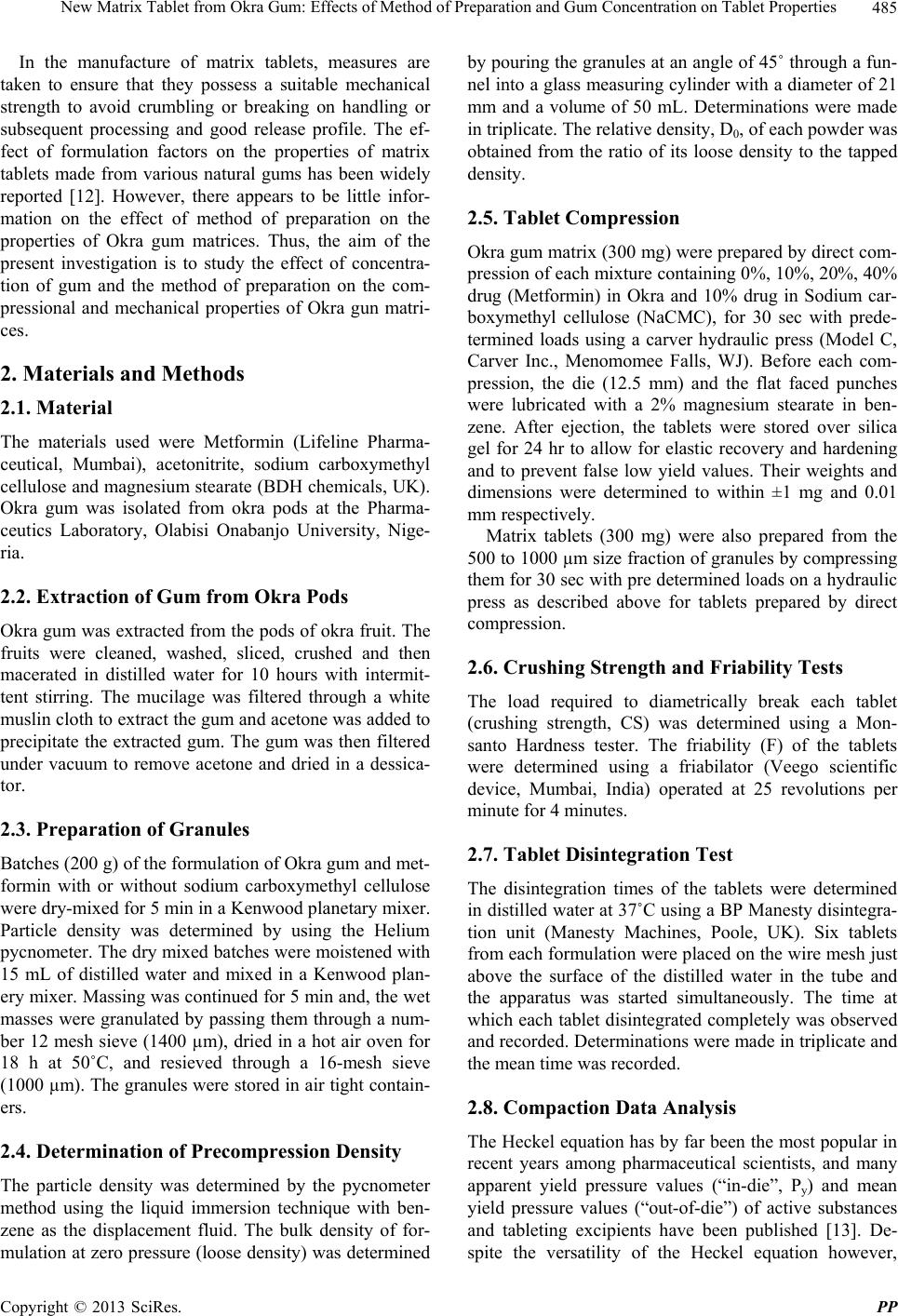 New Matrix Tablet from Okra Gum: Effects of Method of Preparation and ...
