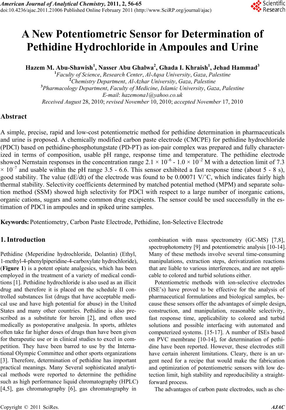 A New Potentiometric Sensor for Determination of Pethidine ...