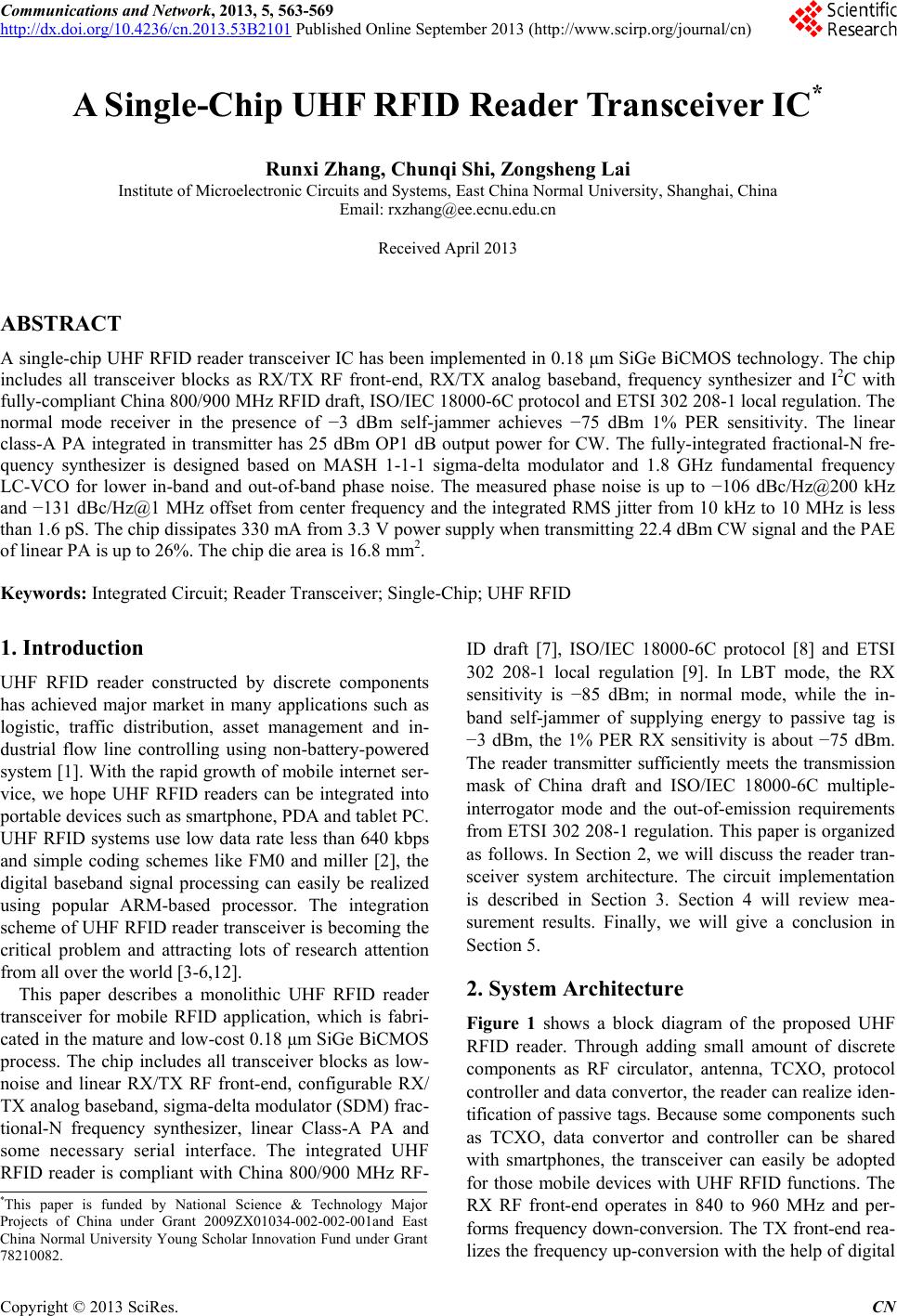 A Single-Chip UHF RFID Reader Transceiver IC