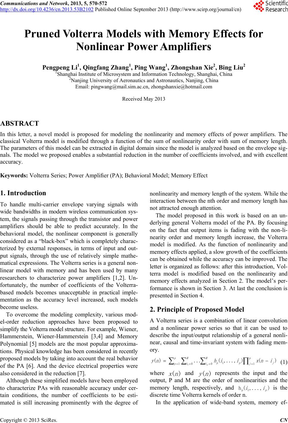 Pruned Volterra Models with Memory Effects for Nonlinear Power Amplifiers