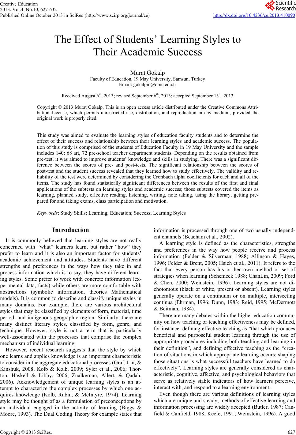 The Effect of Students’ Learning Styles to Their Academic Success