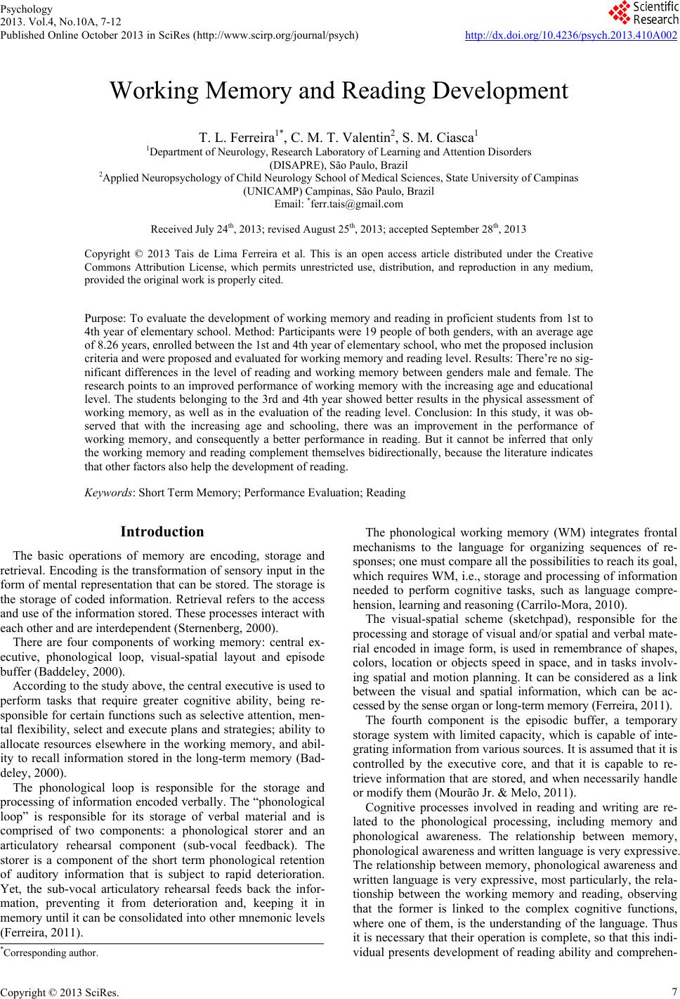 Working Memory and Reading Development